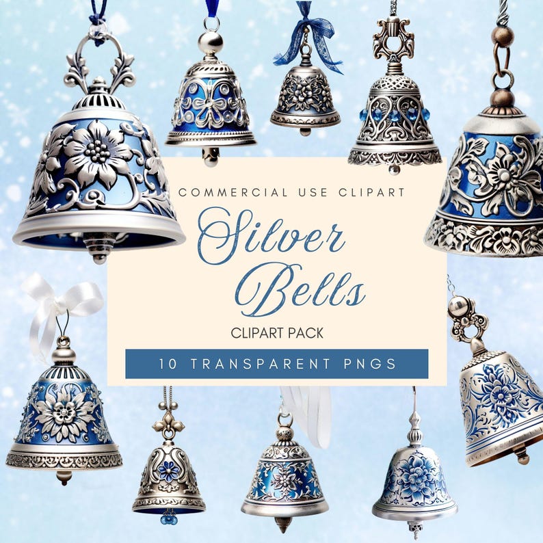 Vintage Silver Bell Clipart | Silver and Blue Bell | Antique Christmas ...