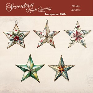 Christmas Star Clip Art | Retro Holiday Decorations | Hand-painted Star ...