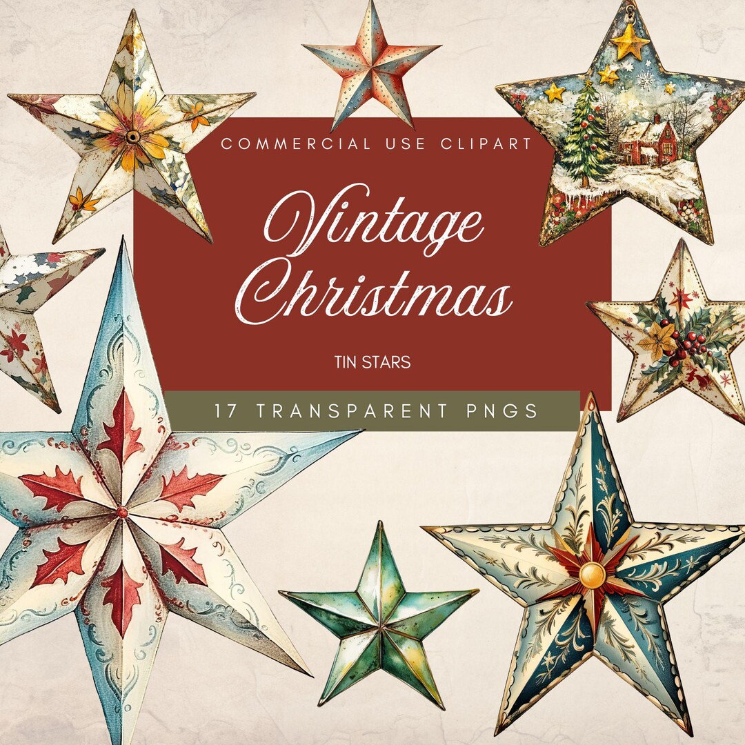 Christmas Star Clip Art | Retro Holiday Decorations | Hand-painted Star ...