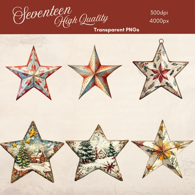 Christmas Star Clip Art | Retro Holiday Decorations | Hand-painted Star ...