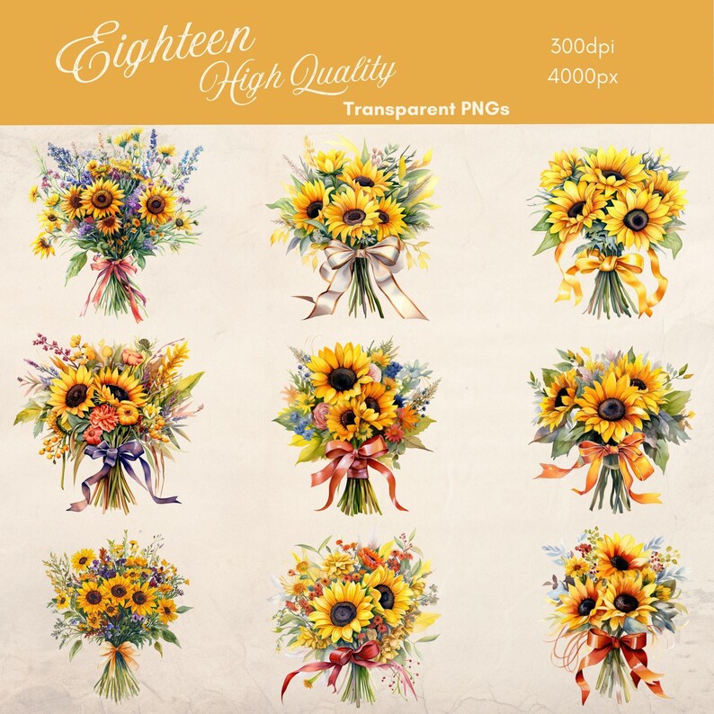 Sunflower Bouquet PNG Bundle Watercolor Rustic Sunflower Clipart ...