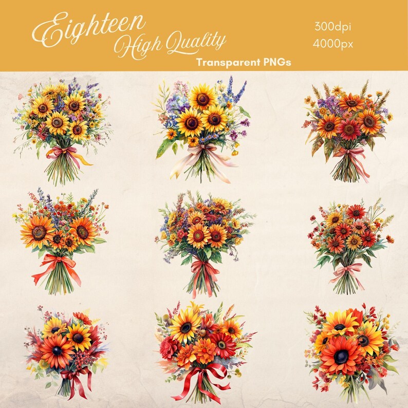 Sunflower Bouquet PNG Bundle Watercolor Rustic Sunflower Clipart ...