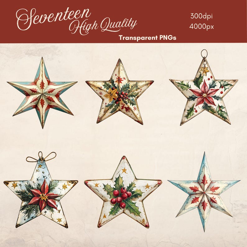 Christmas Star Clip Art | Retro Holiday Decorations | Hand-painted Star ...