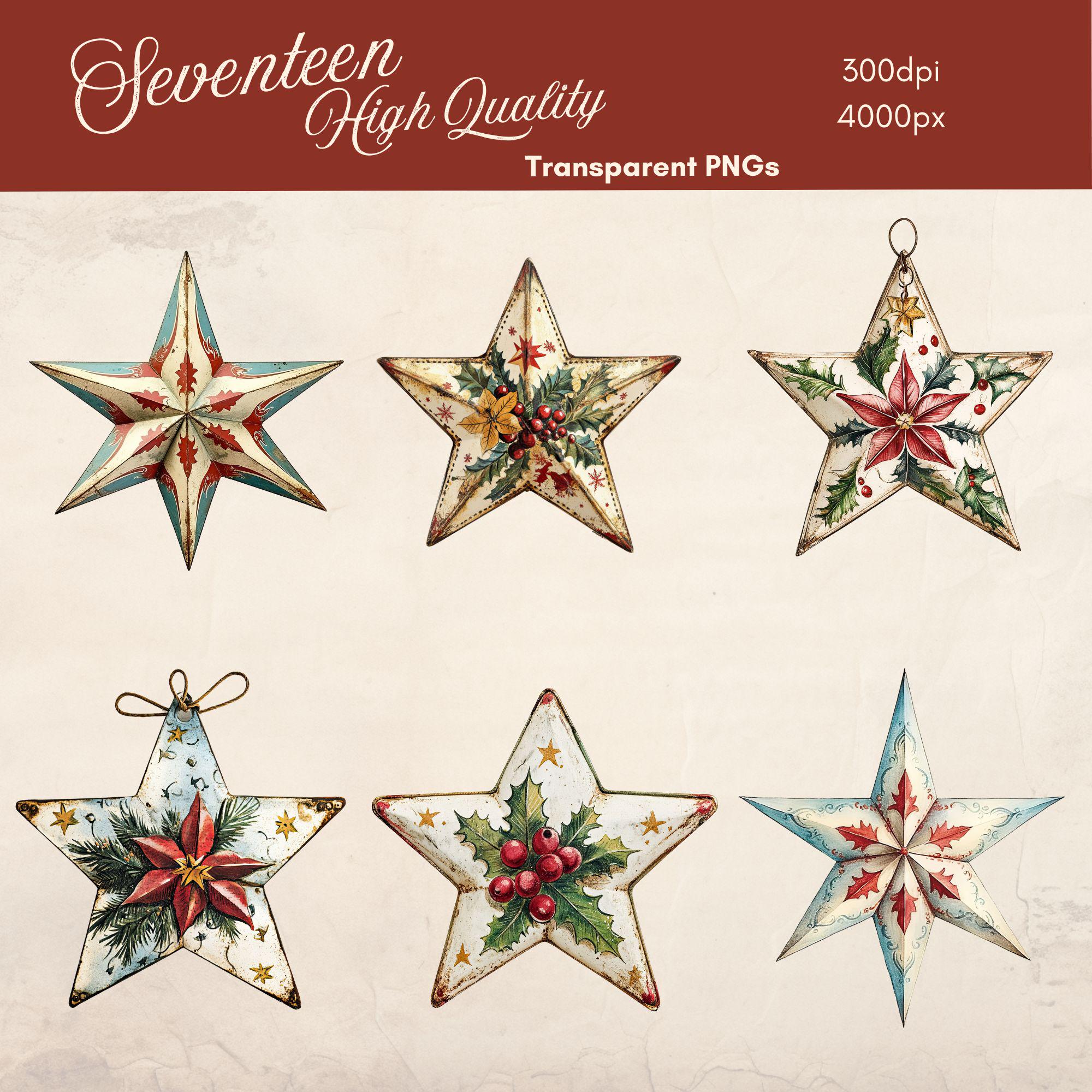 Christmas Star Clip Art | Retro Holiday Decorations | Hand-painted Star ...