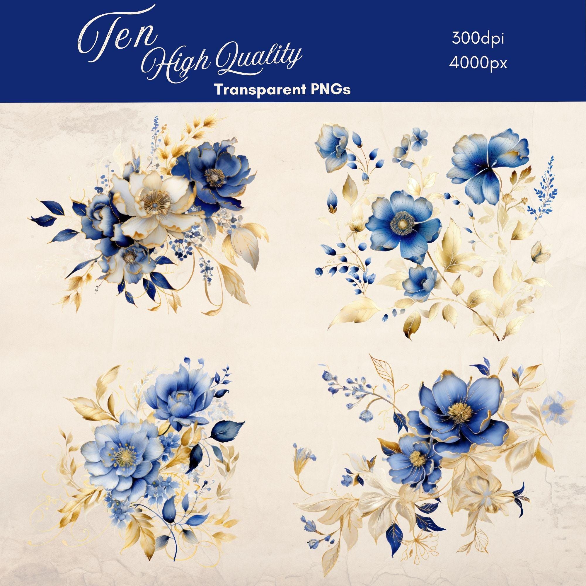 Royal Blue Floral Clipart | Watercolor Flowers | Wedding Clip Art ...