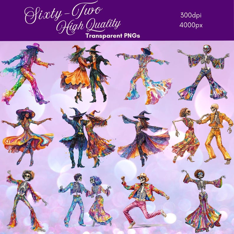Disco Dancing Ghouls Mega Clipart Kit | Groovy Skeleton Clip Art ...