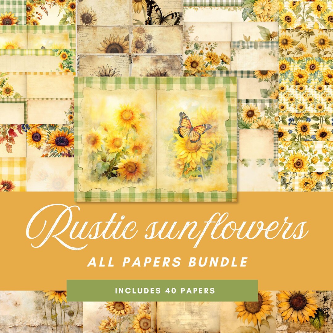 Rustic Sunflower Junk Journal Papers Kit | Gingham Background Pages ...