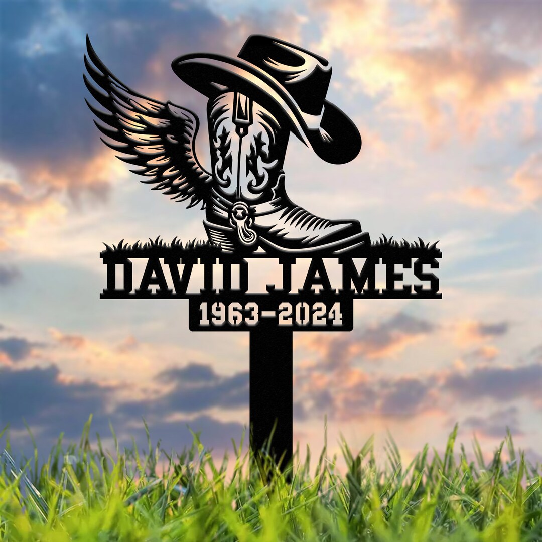 Custom Cowboy Boot Hat With Wings Memorial Stake, Personalized Cowboy ...