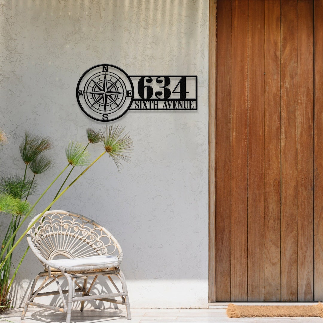 Personalized Compass Metal Address Sign, Custom House Number Plaque ...