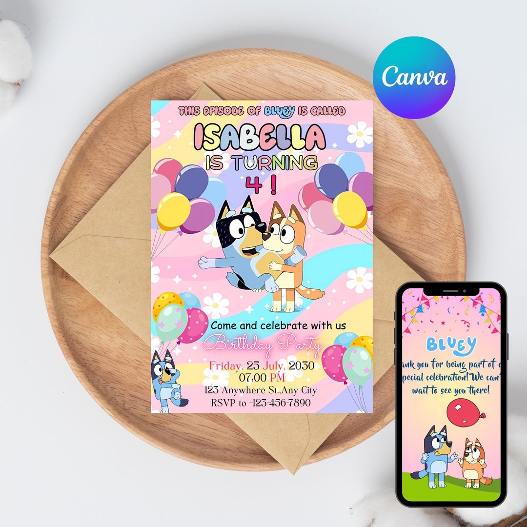 Editable Bluey Birthday Invitation , Rose Printable Bluey Party Invite ...