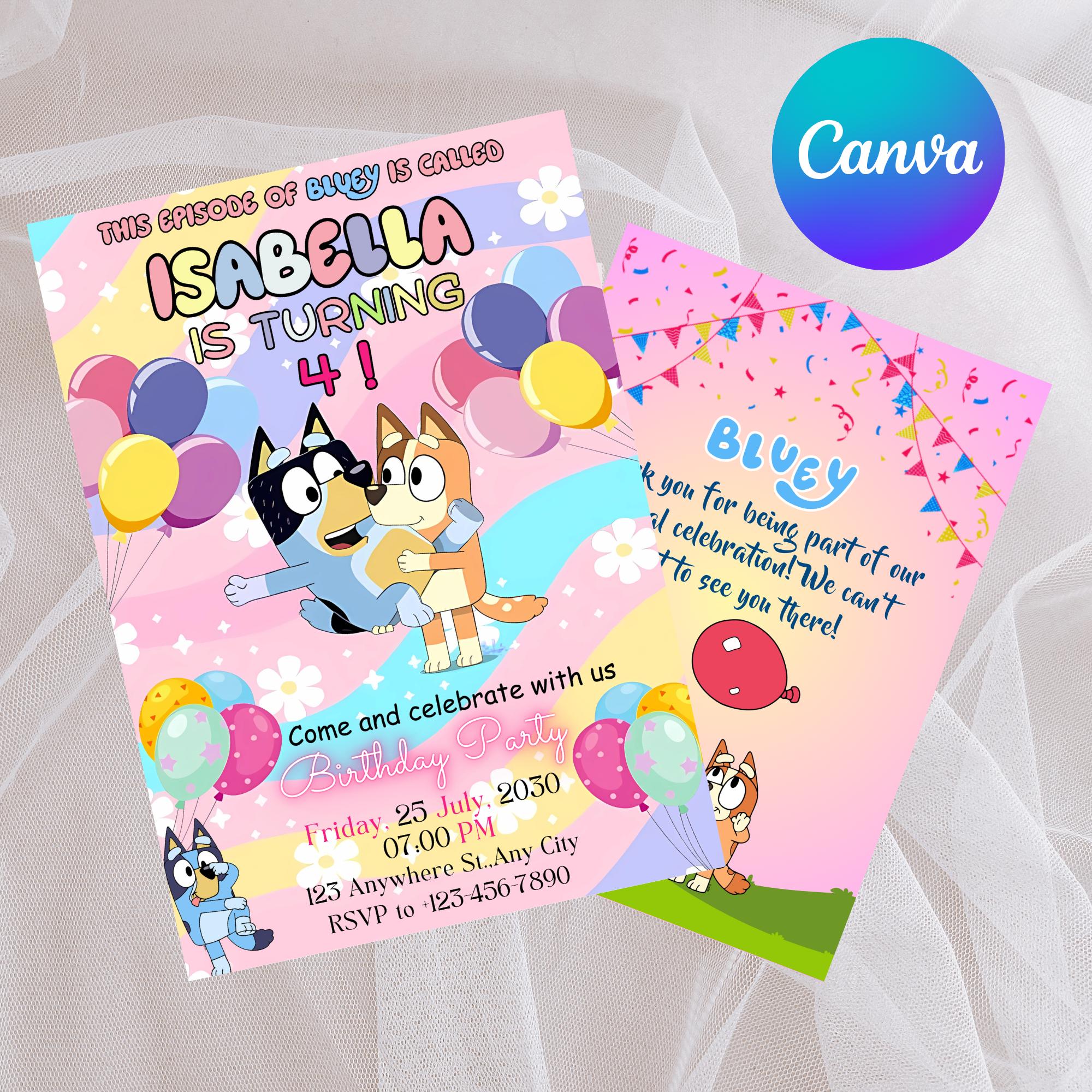 Editable Bluey Birthday Invitation , Rose Printable Bluey Party Invite ...