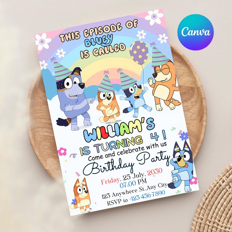 Editable Bluey Birthday Invitation , Pink Digital Invitation Canva ...