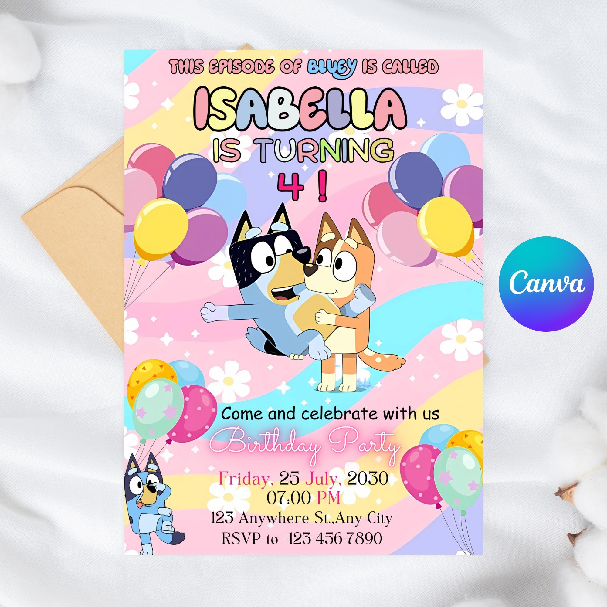 Editable Bluey Birthday Invitation , Rose Printable Bluey Party Invite ...