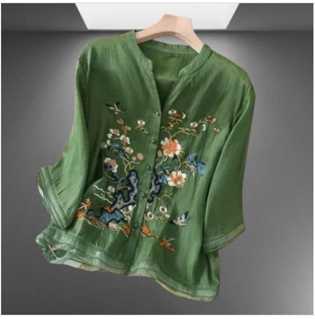 Women Cotton Summer Blouses, Embroidered Loose Shirt, Casual Office ...