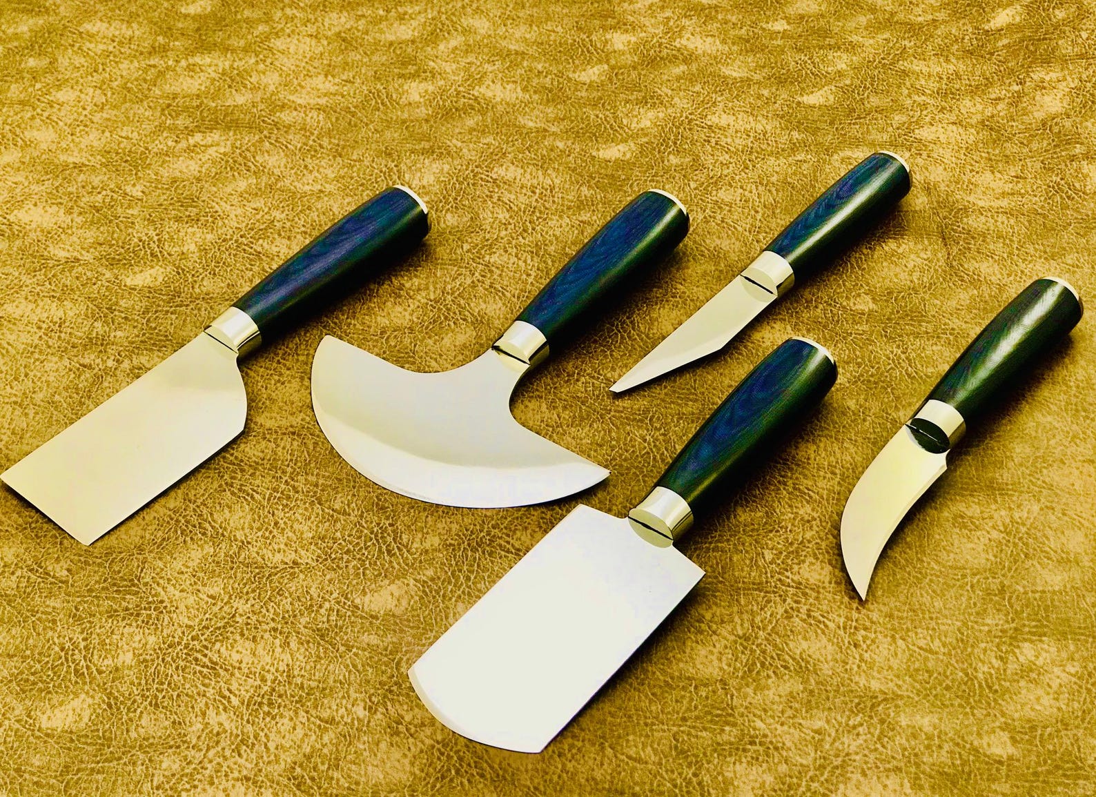 5 Piece Leather Knives Set, Half Moon Knives. Hand Forged, Knives ...