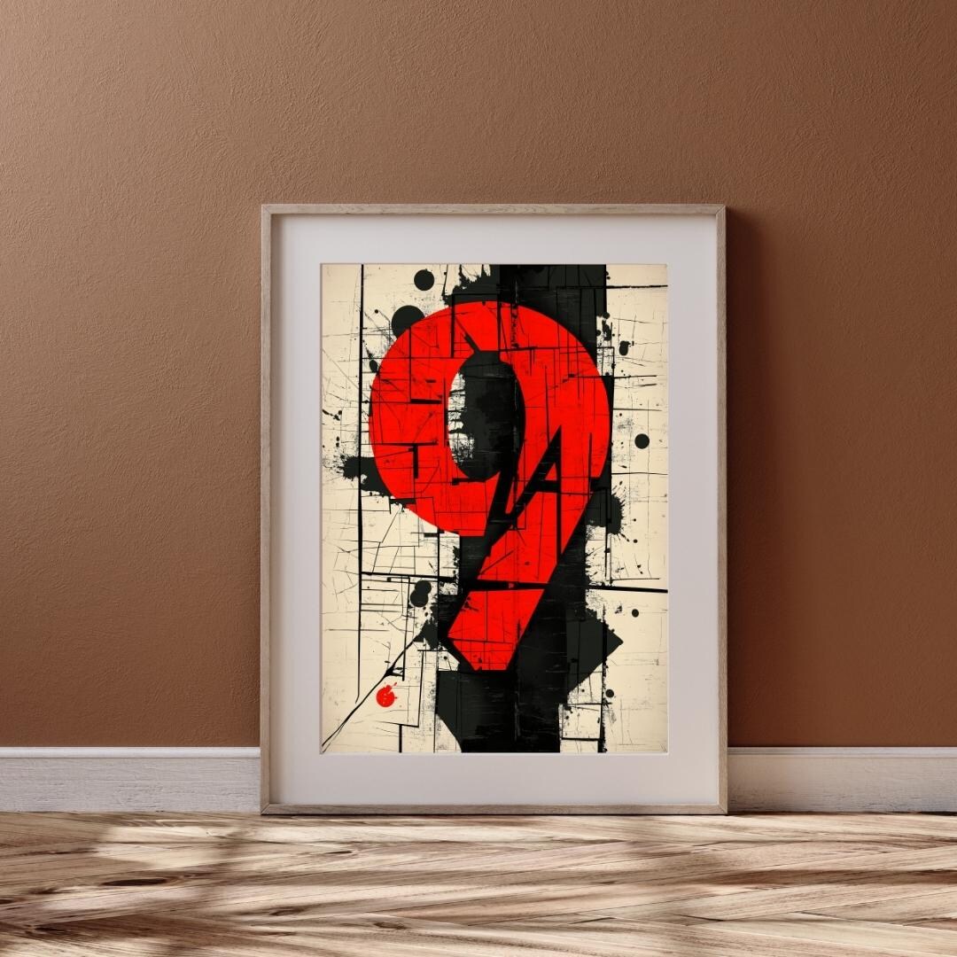 Abstract Number Art Print | Bold Red Number 9 | Grunge Typography ...