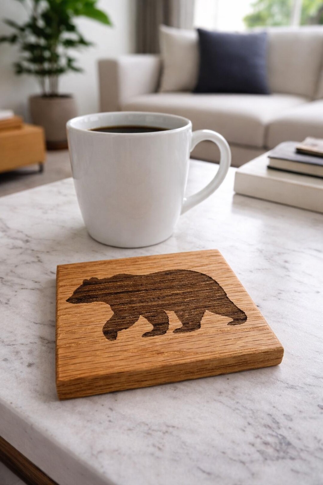 Bear Modern Solid Oak Coaster — Minimalist Wooden Drink Coaster, Laser ...