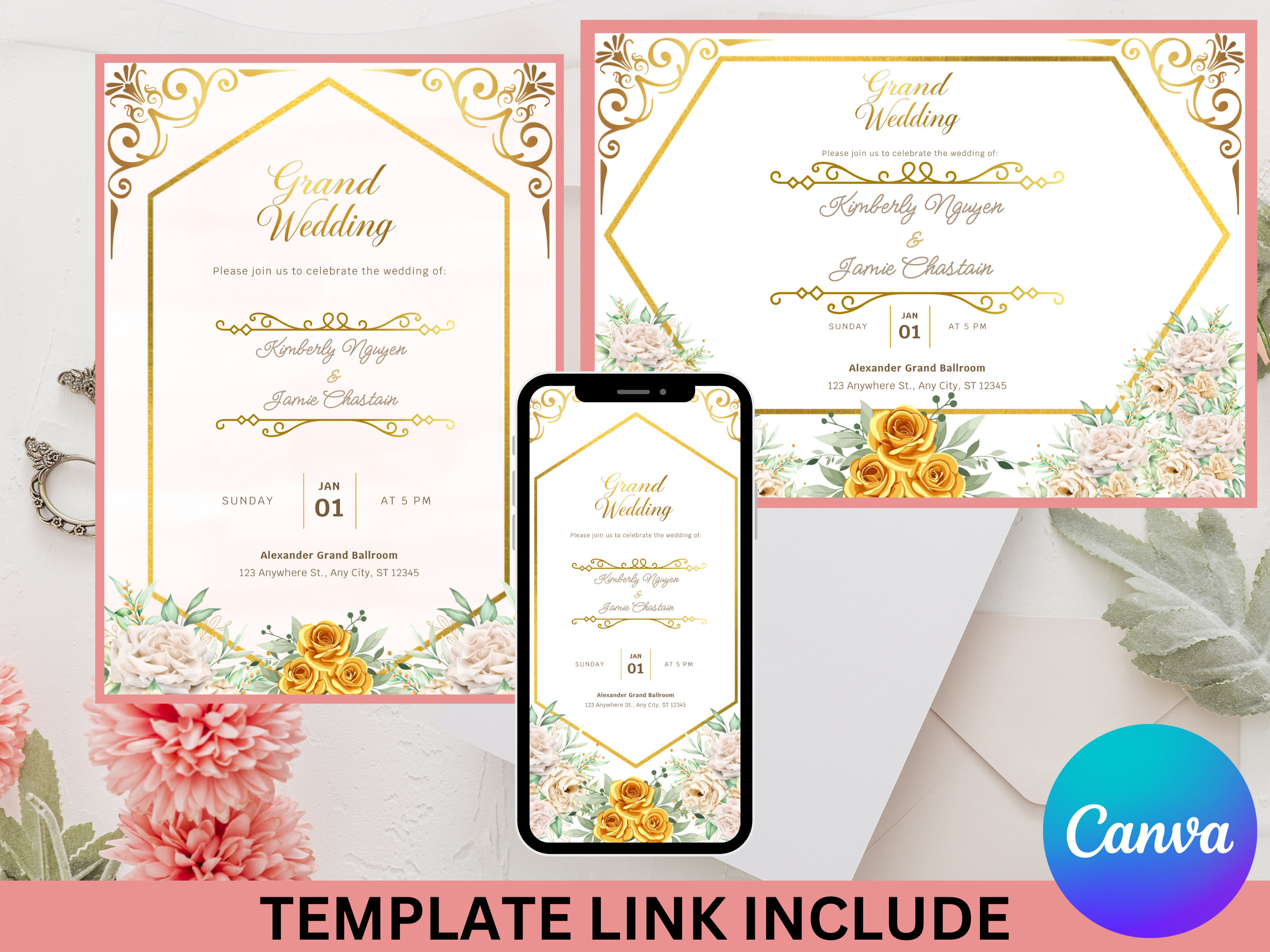 Gold Wedding Invitation Template, Landscape, Portrait and Digital ...