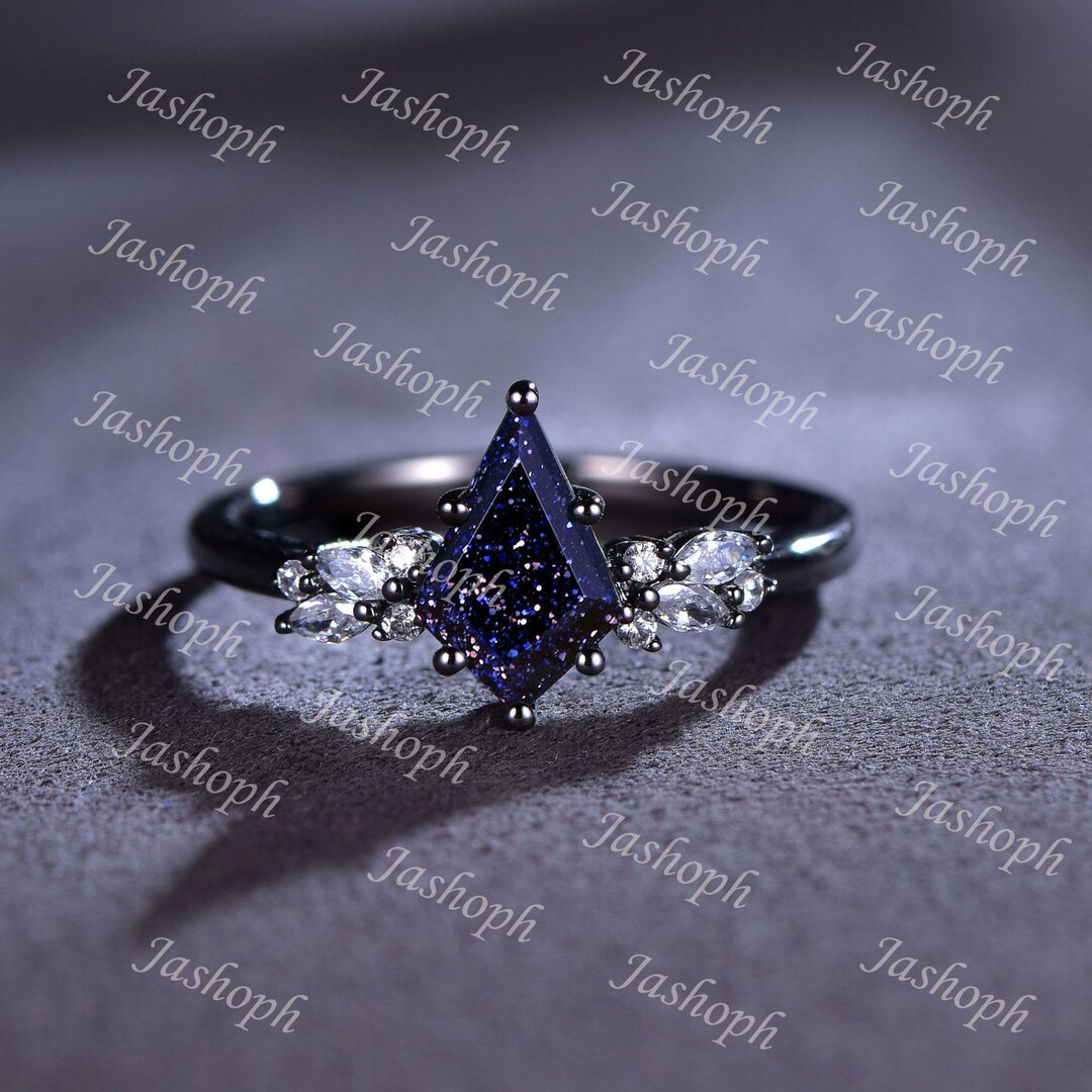 Gothic Kite Cut Blue Sandstone Engagement Ring Unique Art Deco Black ...