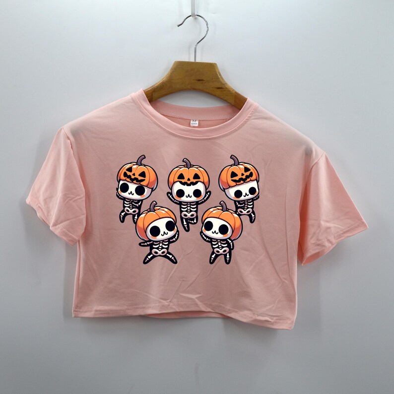 Kawaii Pumpkin Halloween Crop Top, Dancing Skeletons Jack-o-lantern Tee ...