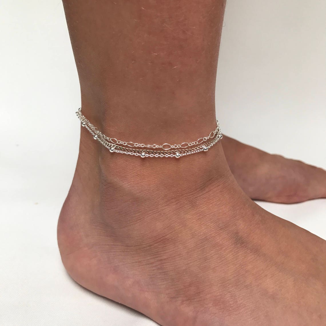 Sterling Silver Triple Layered Dainty Chain Anklet Bracelet | Etsy