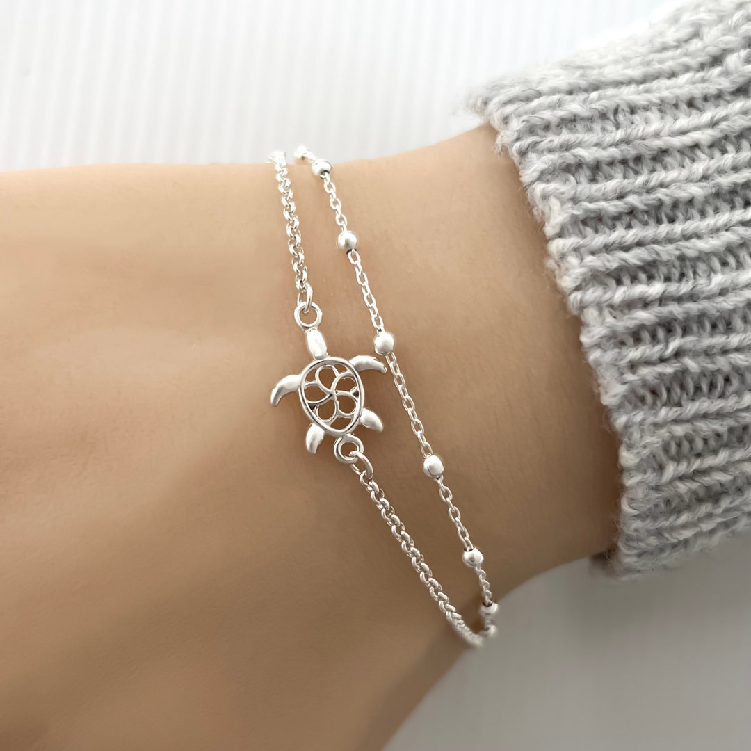 Sterling Silver Double Chain Turtle Bracelet or Anklet - Etsy