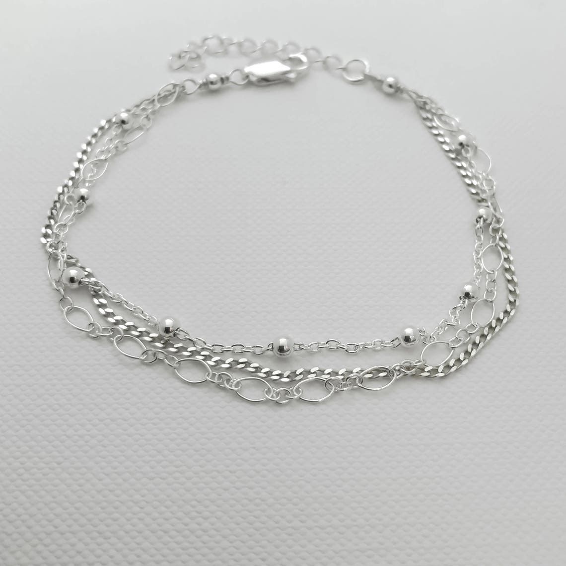Triple Layered Dainty Chain Sterling Silver Bracelet | Etsy