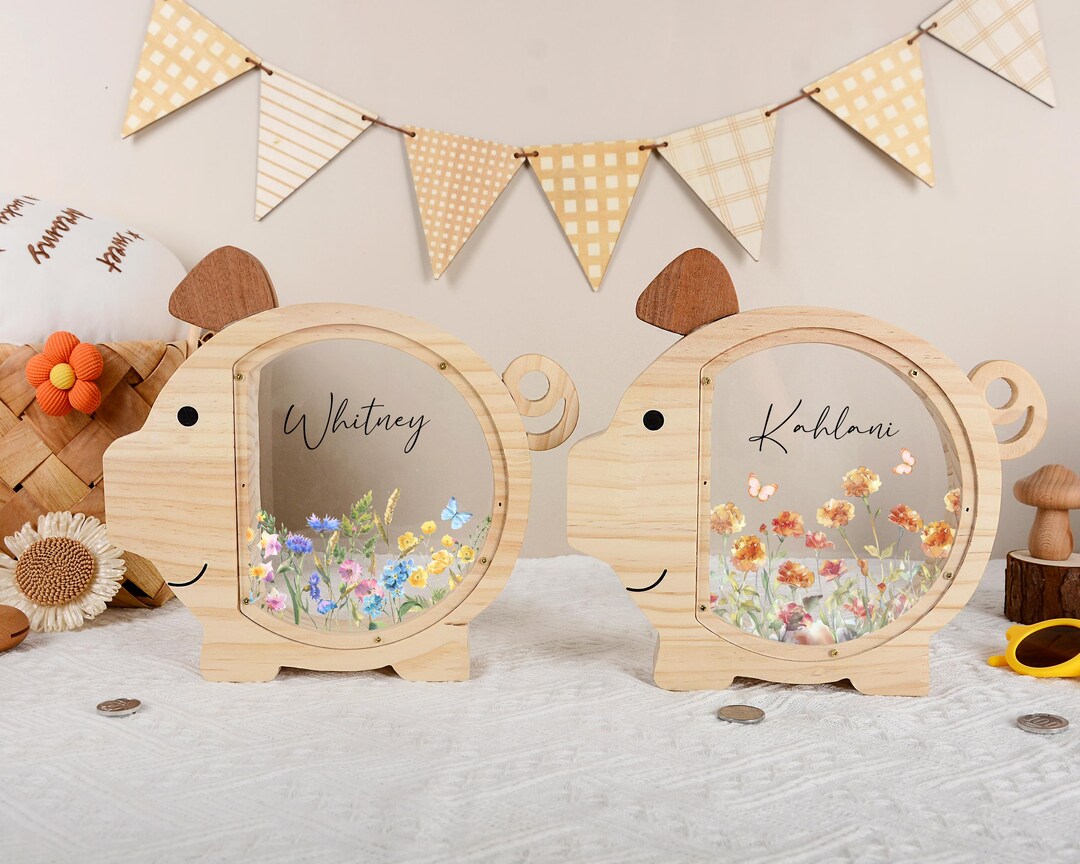 Personalized Girls Piggy Bank, Custom Wildflower Coin Bank, Wooden ...