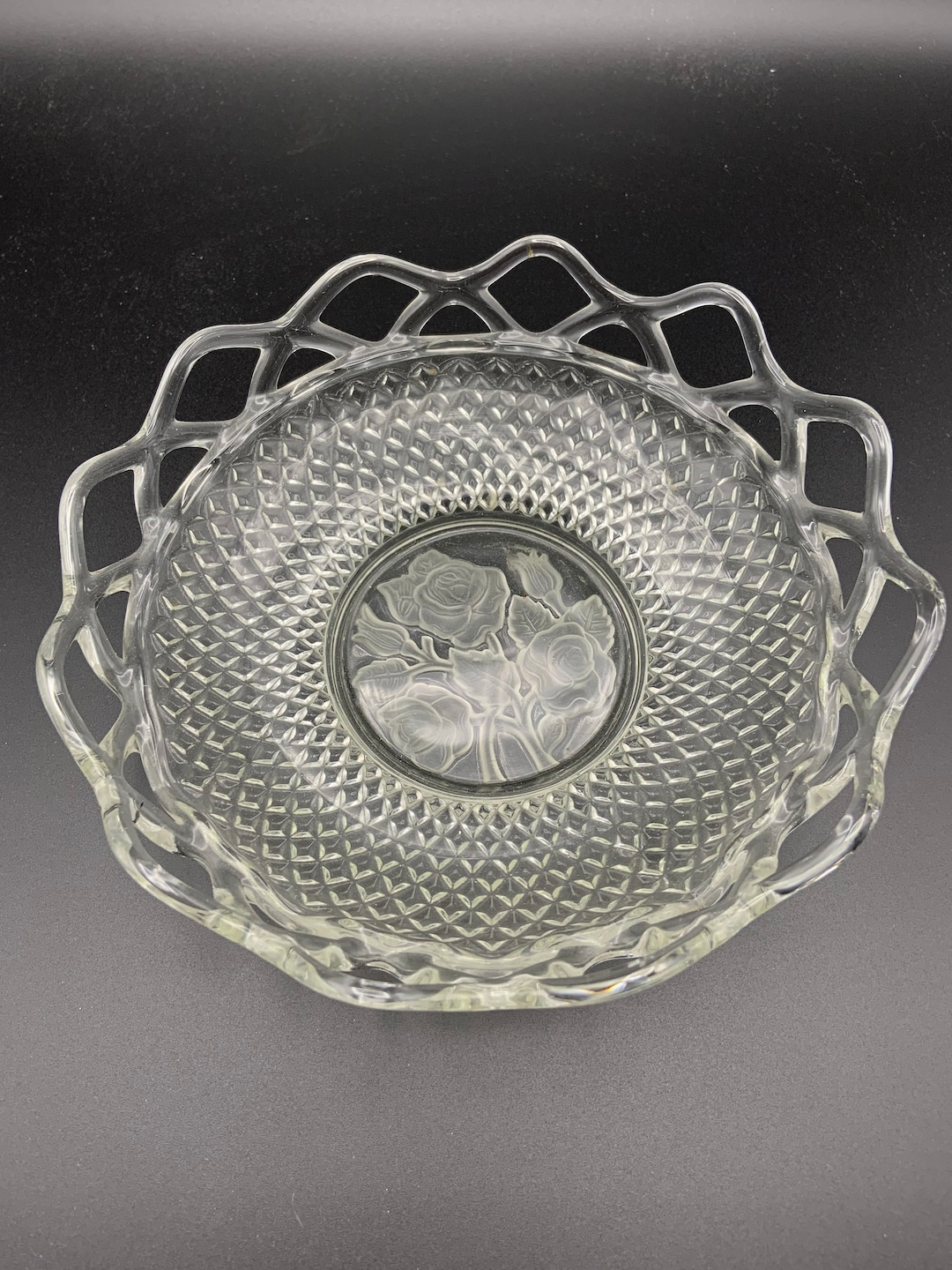 Vintage Open Lace Edge Frosted Rose Bowl by Imperial Glass - Pressed ...