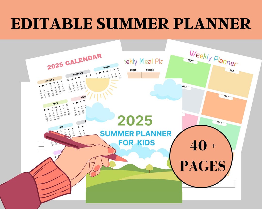 Editable 2025 Summer Planner for Kids, Dated Calendar, Bucket List ...