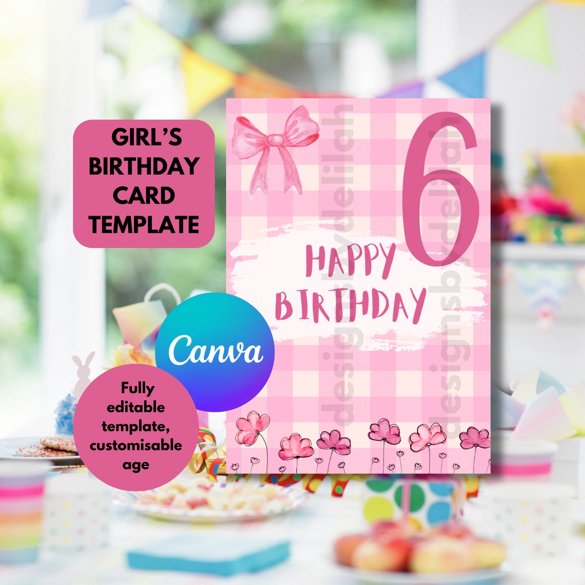 Sixth Birthday Card PRINTABLE Little Girl Pink 6th Happy Birthday ...