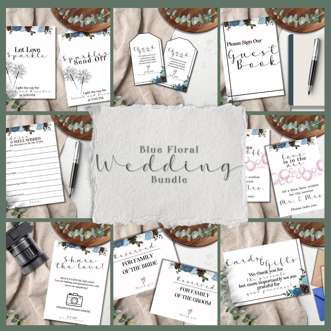 Blue Floral Wedding Template Bundle Canva - Etsy