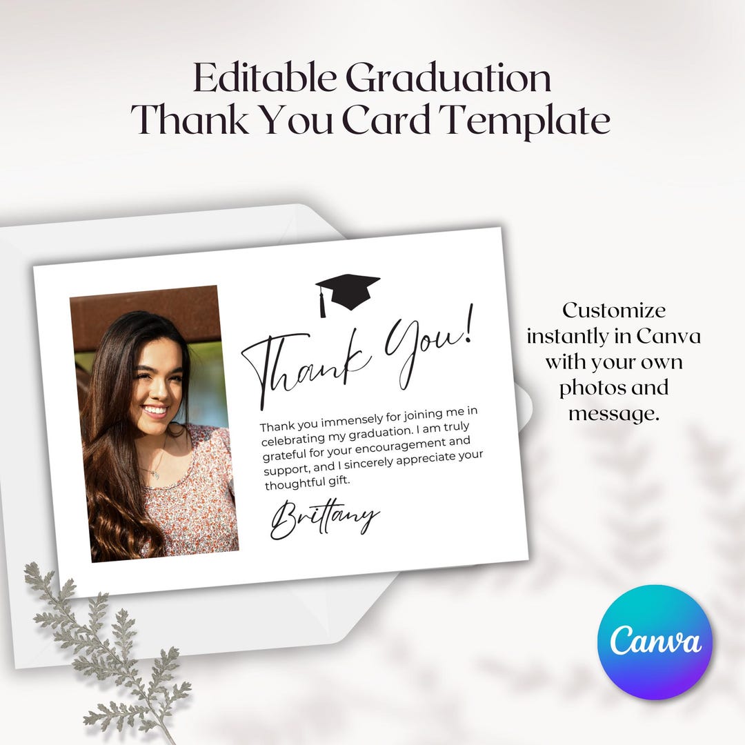Graduation Thank You Card Template With Photo, Editable Canva (4x6 ...