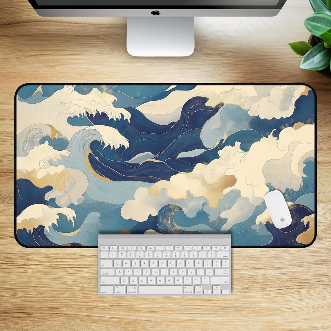 Golden Wave Desk Mat - Aesthetic Wave Desk Mat, Ocean Non Slip Mouse ...