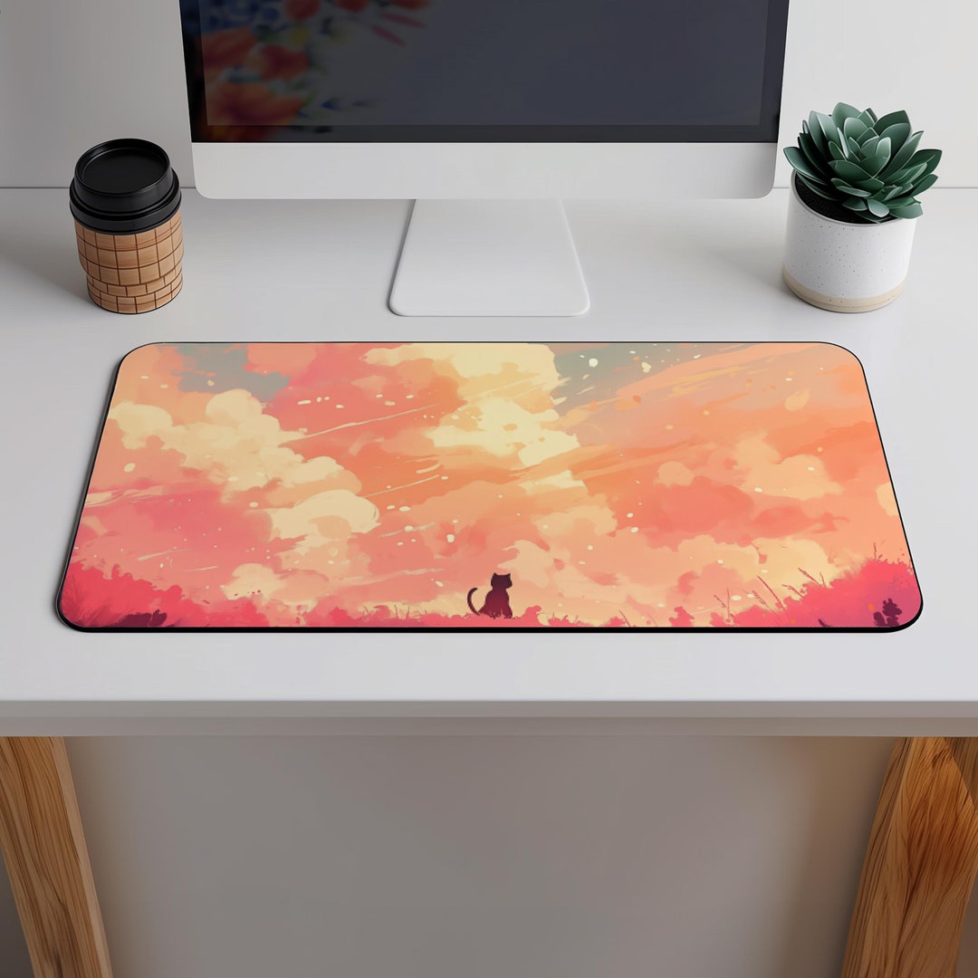 Sunset Kitty Desk Mat, Aesthetic Desk Mat, Cute Cat Mousepad, Pink Desk ...
