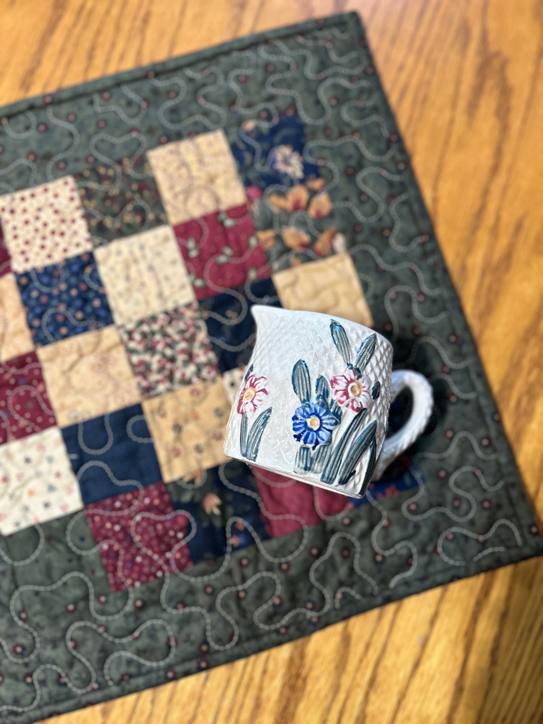Green and Burgundy Miniature Quilt, Little Quilt, Green Little Quilt ...