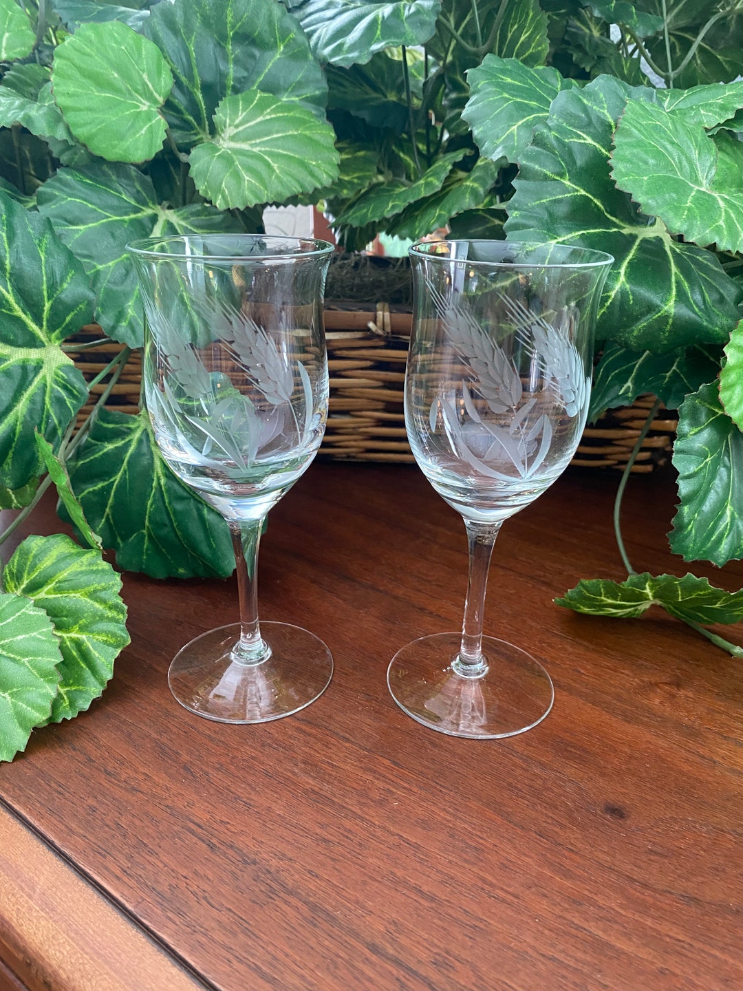Pair of Two Double Wheat Etched Wine or Sherry Glasses, Clear Glass ...