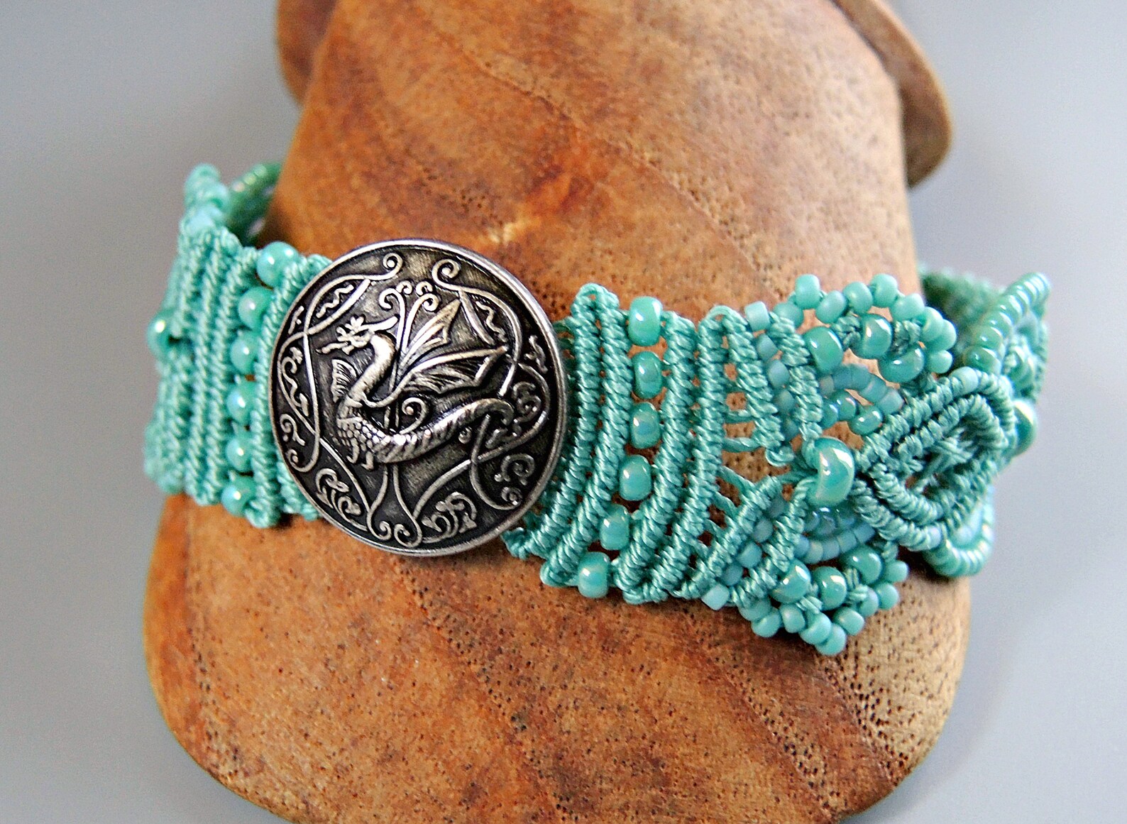 Dragon Macrame Bracelet - Beaded Macrame - Silver and Aqua Macrame ...