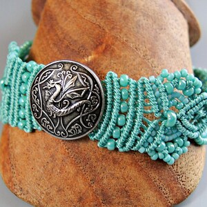 Dragon Macrame Bracelet - Beaded Macrame - Silver and Aqua Macrame ...