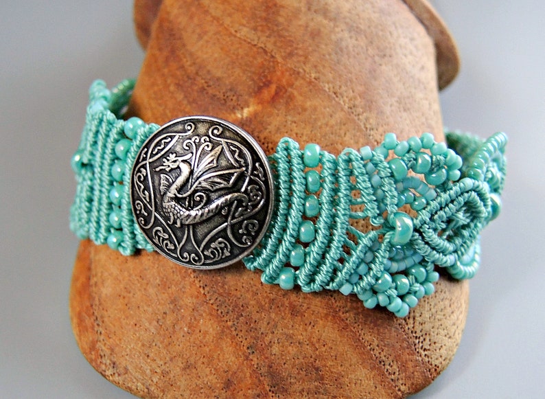 Dragon Macrame Bracelet - Beaded Macrame - Silver and Aqua Macrame Bracelet - Fantasy Jewelry ...