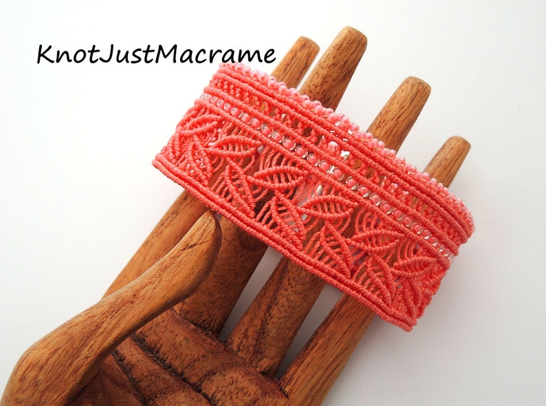 Leafy Cuff in Micro Macrame Wide Bracelet in Coral - Etsy