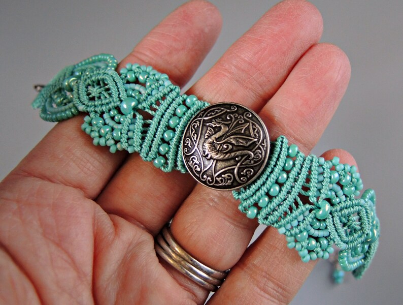 Dragon Macrame Bracelet - Beaded Macrame - Silver and Aqua Macrame Bracelet - Fantasy Jewelry ...