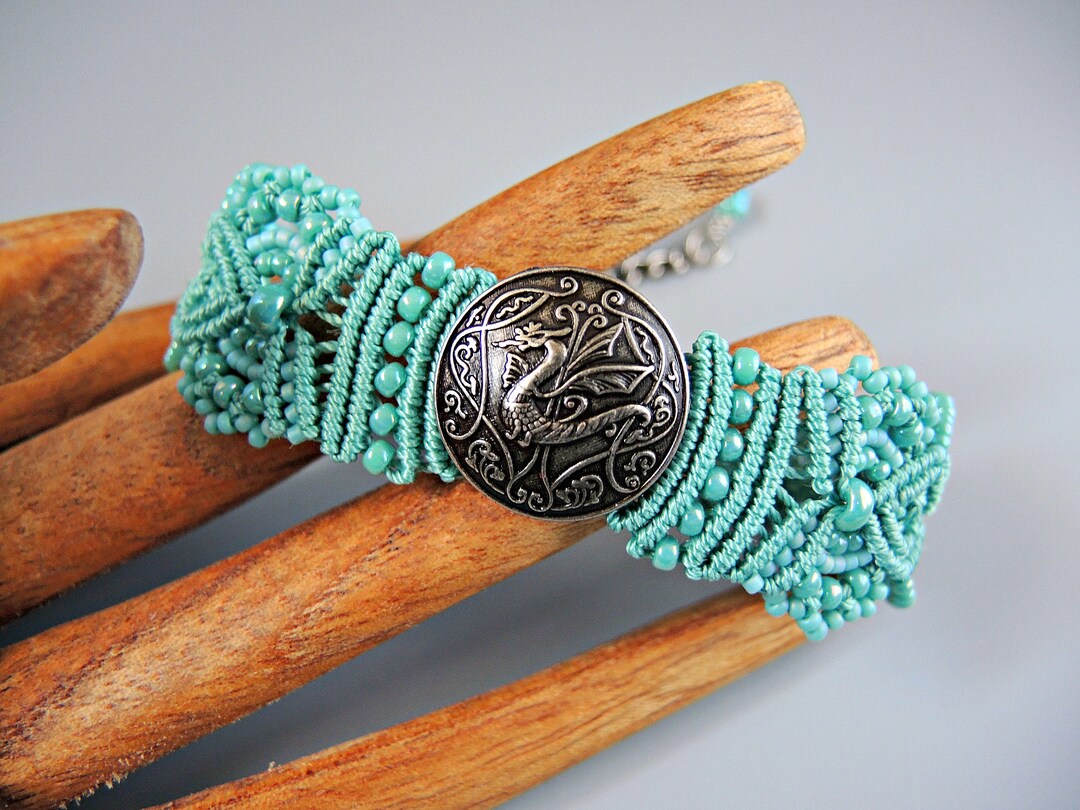 Dragon Macrame Bracelet - Beaded Macrame - Silver and Aqua Macrame ...