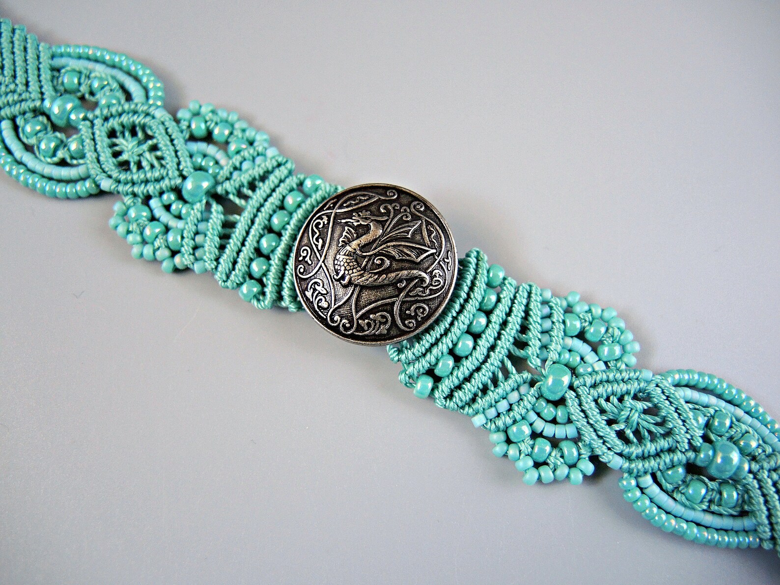 Dragon Macrame Bracelet - Beaded Macrame - Silver and Aqua Macrame ...