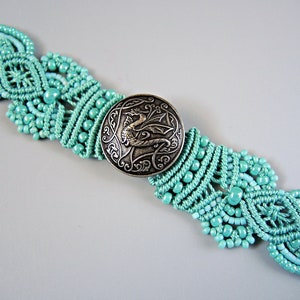 Dragon Macrame Bracelet - Beaded Macrame - Silver and Aqua Macrame ...