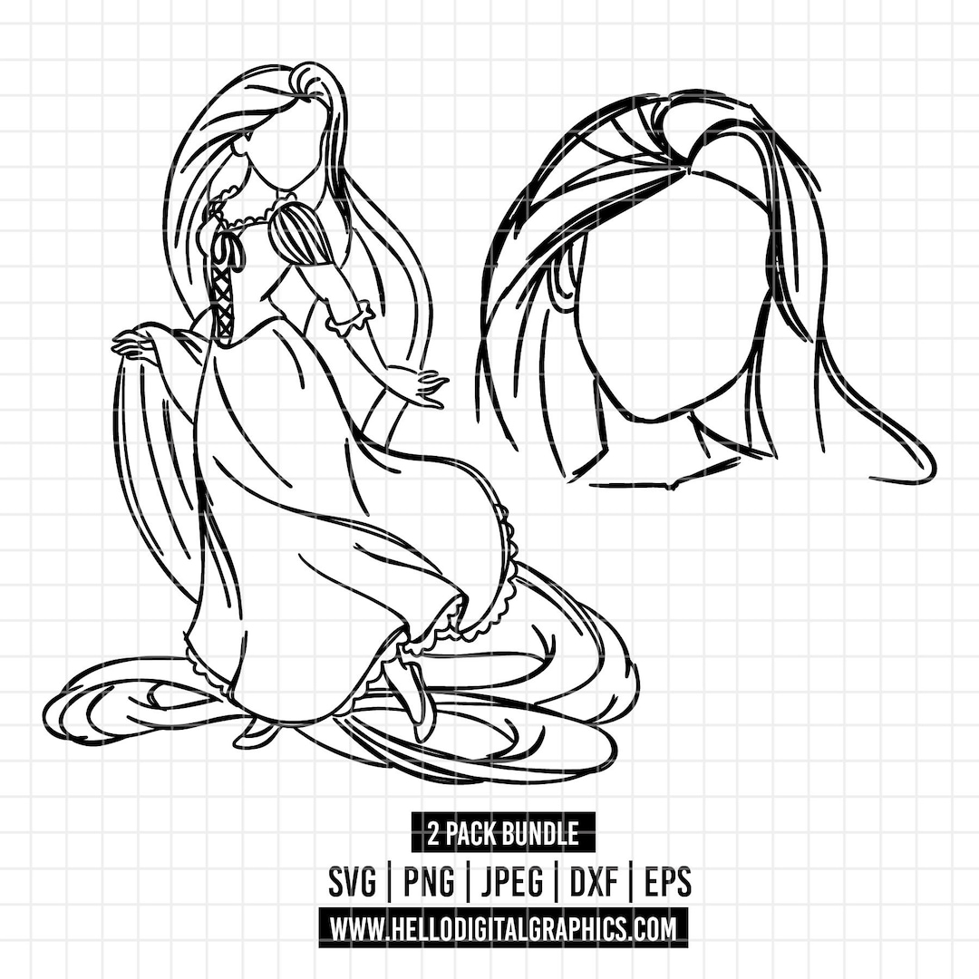 1672 Tangled Outline Pack Bundle SVG, PNG, EPS Disneyy Princess Sketch ...