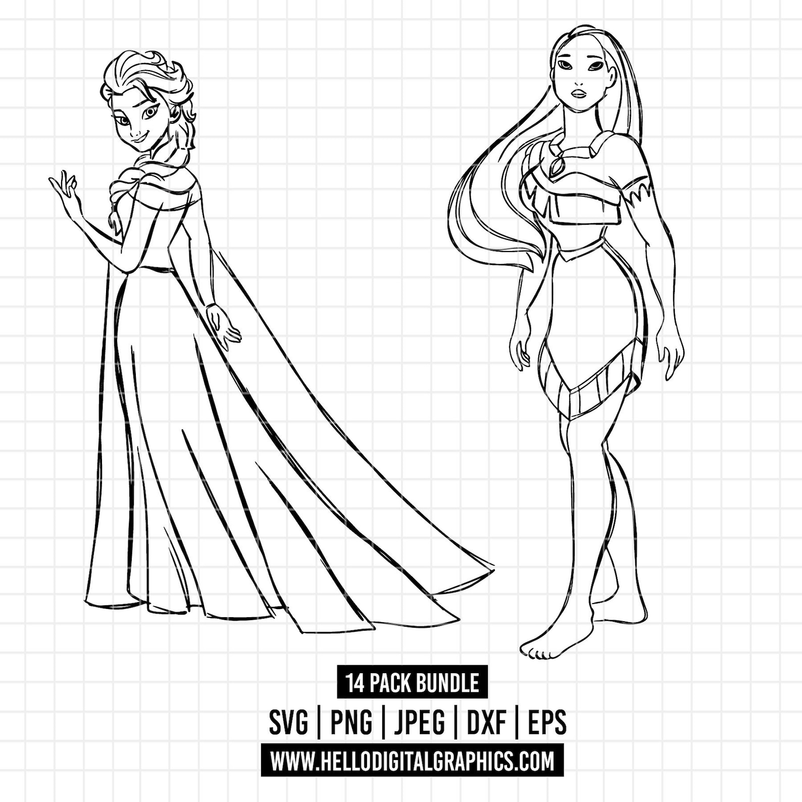 1673 - Classic Disneey Princess Sketch Pack Bundle SVG, PNG, EPS ...