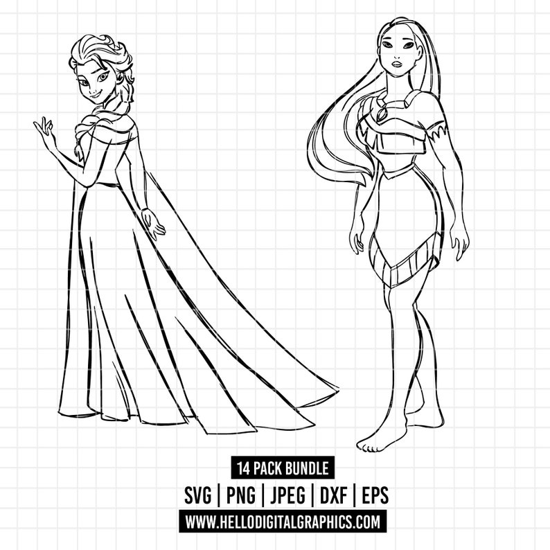1673 - Classic Disneey Princess Sketch Pack Bundle SVG, PNG, EPS ...