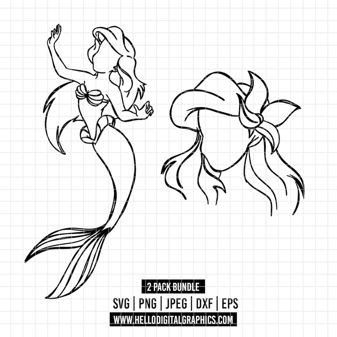 1664 - Princess Little Mermaid Outline Pack Bundle Svg,png,eps-disneyy ...