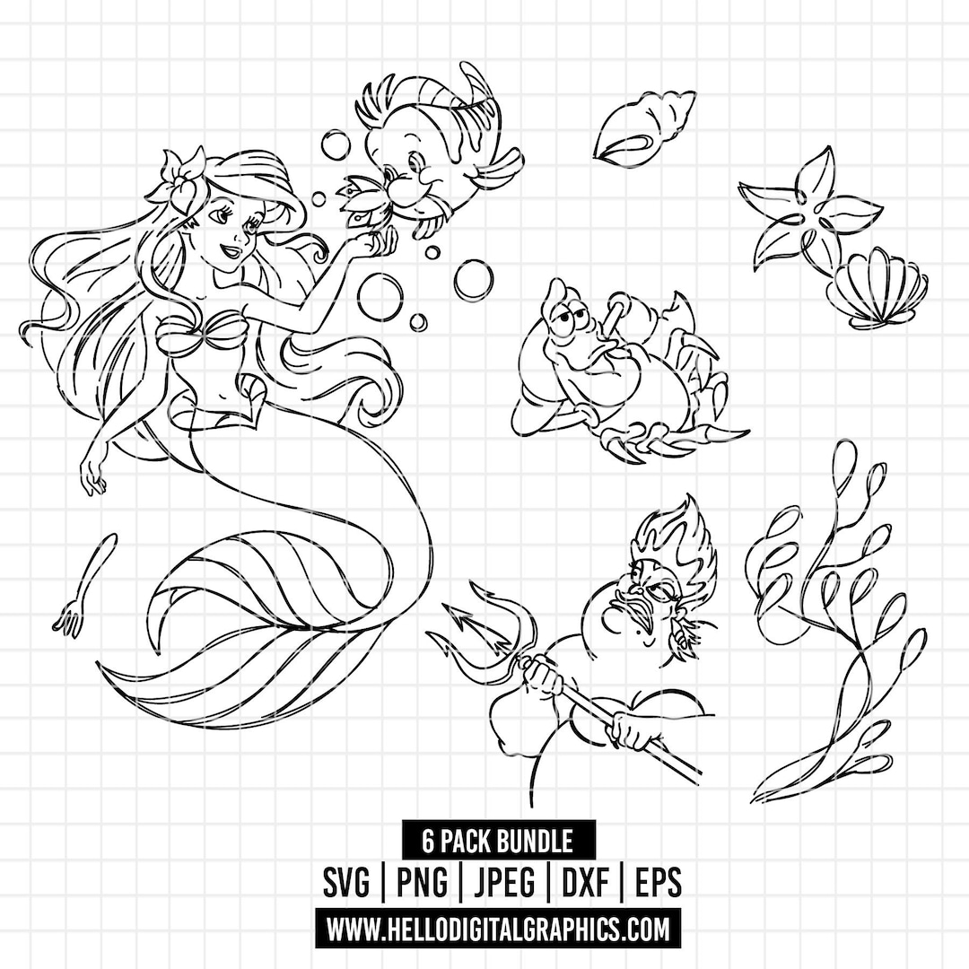 1846 - Princess Little Mermaid Outline Pack Bundle Svg,png,eps-disneyy ...